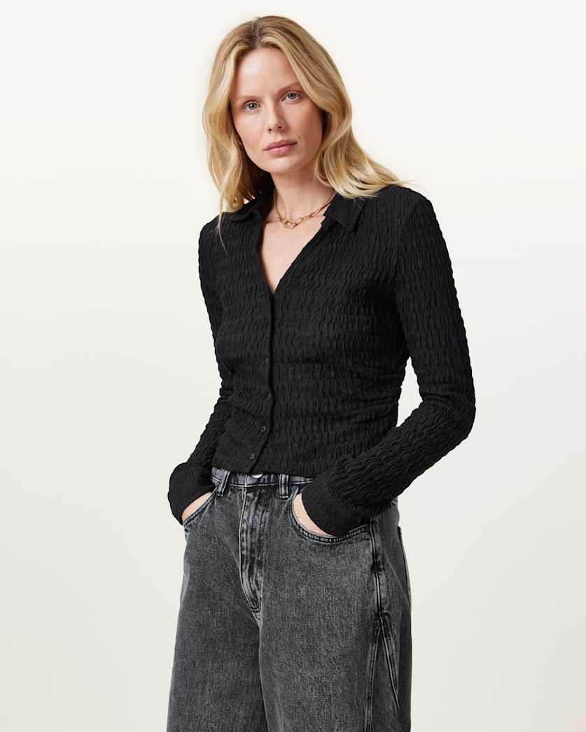 Connie Slim Fit Open Neck Shirt Black | ALLSAINTS